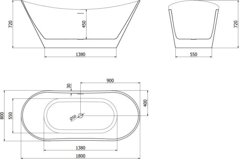Mexen Montana, volně stojící vana 180 x 80 cm, bílá, měděný přepad, 52011808000-65