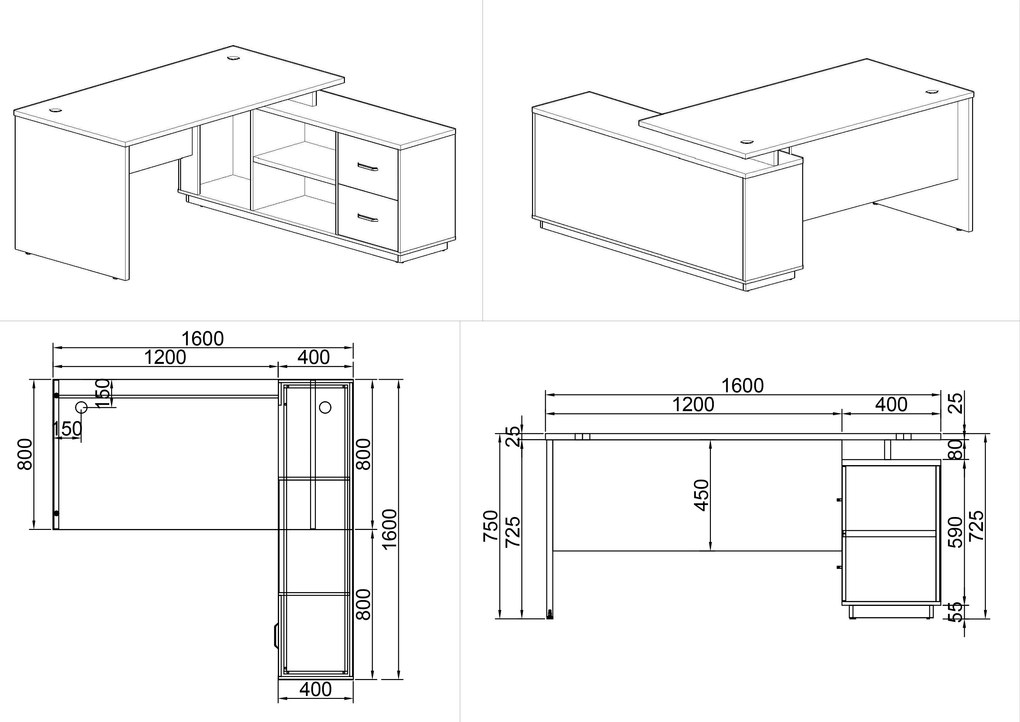 Kancelářský stůl se skříňkou MIRELLI A+ 1600 x 1600 mm, pravý, bílý/dub sonoma