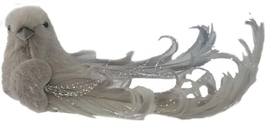 Vánoční ozdoba ptáček na klipu Stardeco šedý, délka 15 cm, výška 5 cm
