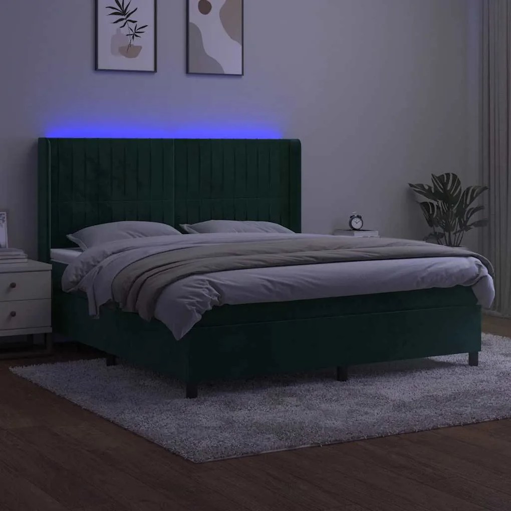 Box spring postel s matrací a LED tmavě zelená 160x200 cm samet 3139694
