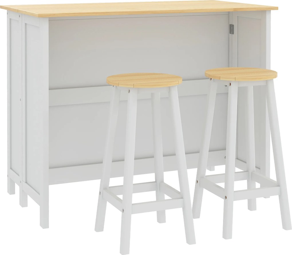 HOMCOM Kuchyňský Islandový Vozík se 2 Stoličkami, Sada Barového Stolu a Stoliček s Sklopným Pracovním Pultem, 2 Skříně s 4 Dveřmi, Moderní Design, Bí…