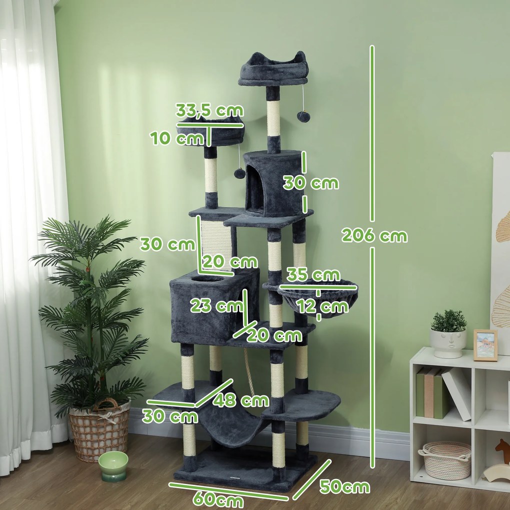 Škrabadlo 206 cm Kočičí věž s jeskyní, 2 hrací balíky, sisalové sloupky, plošina pro velké kočky, tmavě šedá barva