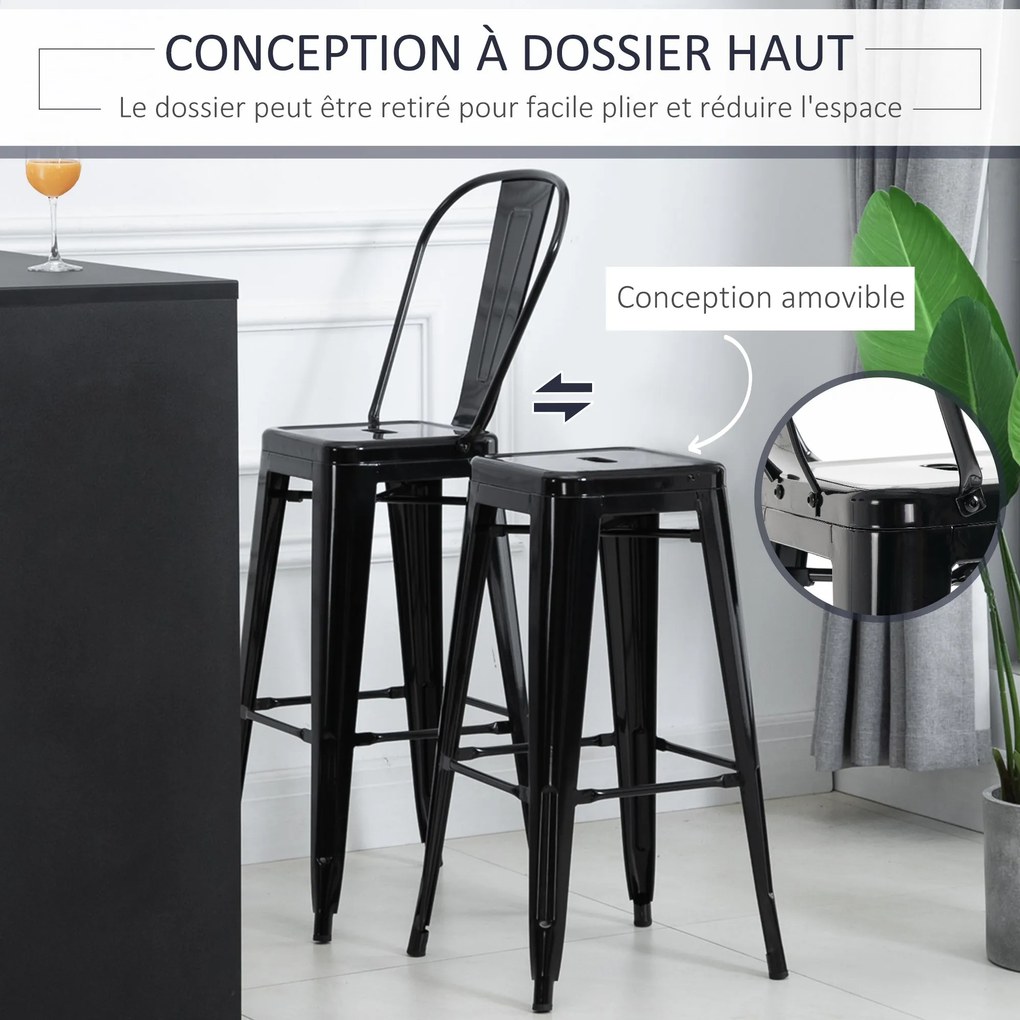HOMCOM Sada 4 Stackable Barových Židlí Průmyslové Barové Křeslo s Opěrkou a Podnožkou, Výška Sedáku 76 cm, Černý Kov