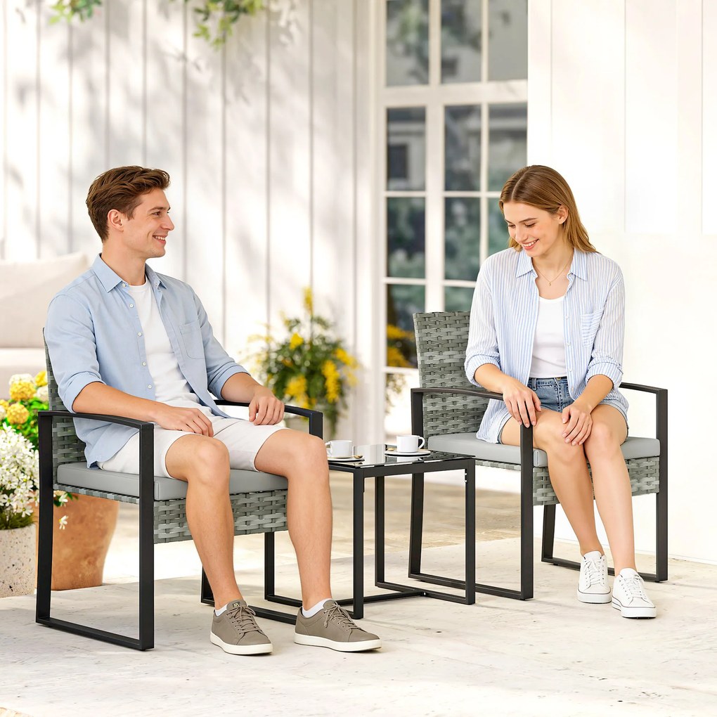 Ratanový bistro set, 3dílná sada zahradního nábytku se 2 zahradními židlemi, konferenčním stolkem, odnímatelnými polštáři, světle šedý