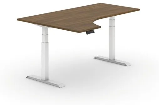 Výškově nastavitelný stůl, elektrický, 625-1275 mm, ergonomický levý, deska 1800x1200 mm, ořech, bílá podnož