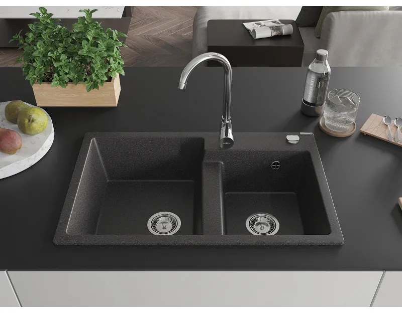 Mexen Tomas, granitový dřez 800x500x190 mm, 2-komorový, černá skvrnitá, 6516802000-76