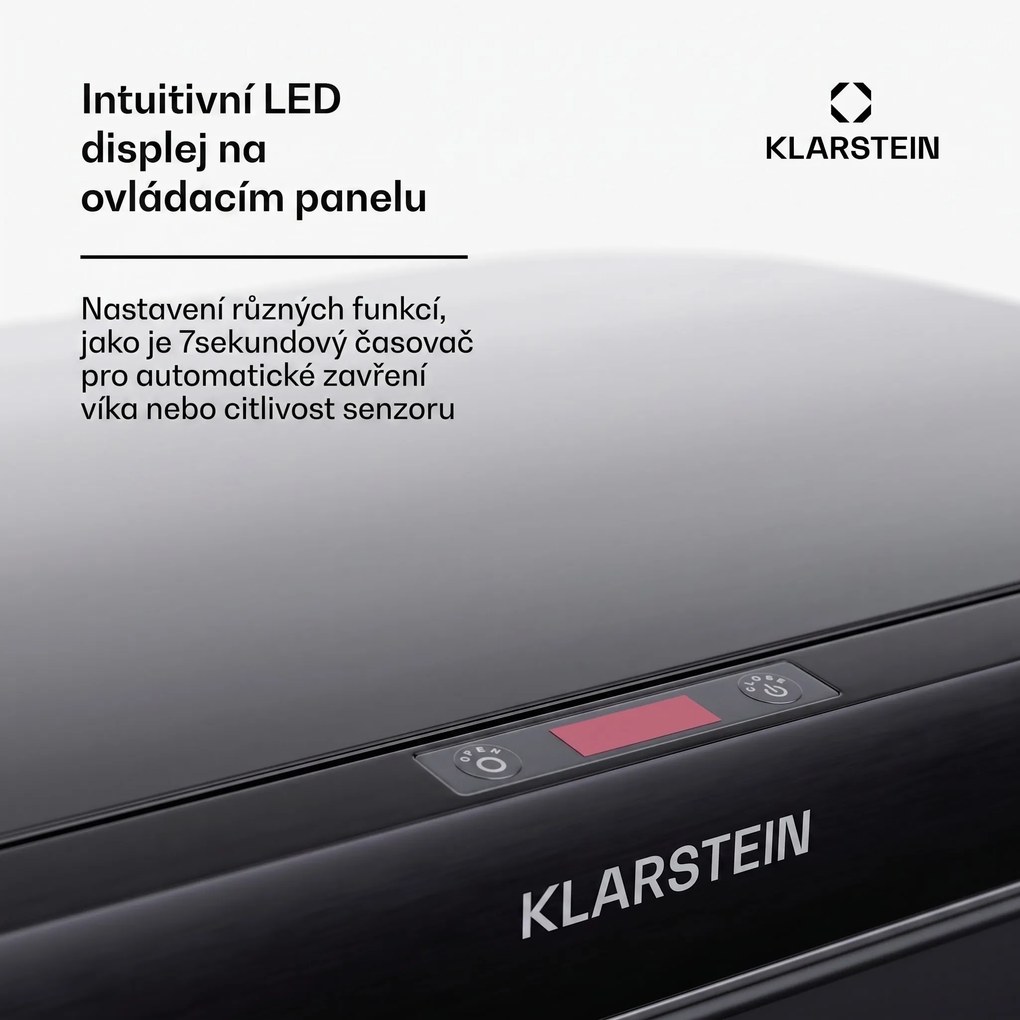 Klarstein Touchless, senzorový odpadkový koš, 60 l, z nerezavějící oceli, Soft-Close zavírání, napájen baterií, LED displej, časovač