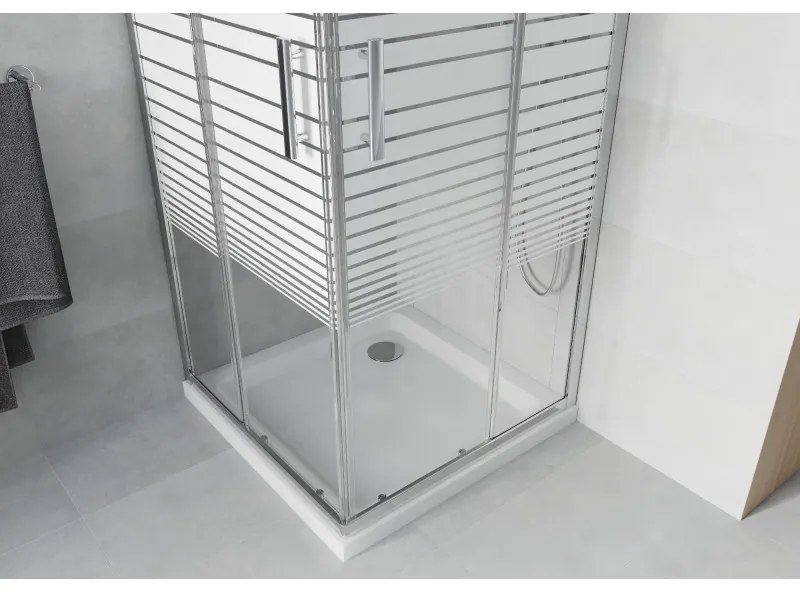 Mexen Rio čtvercový sprchový kout 90 x 90 cm, Pruhy, Chromovaná + sprchová vanička Flat, Bílá - 860-090-090-01-20-4010