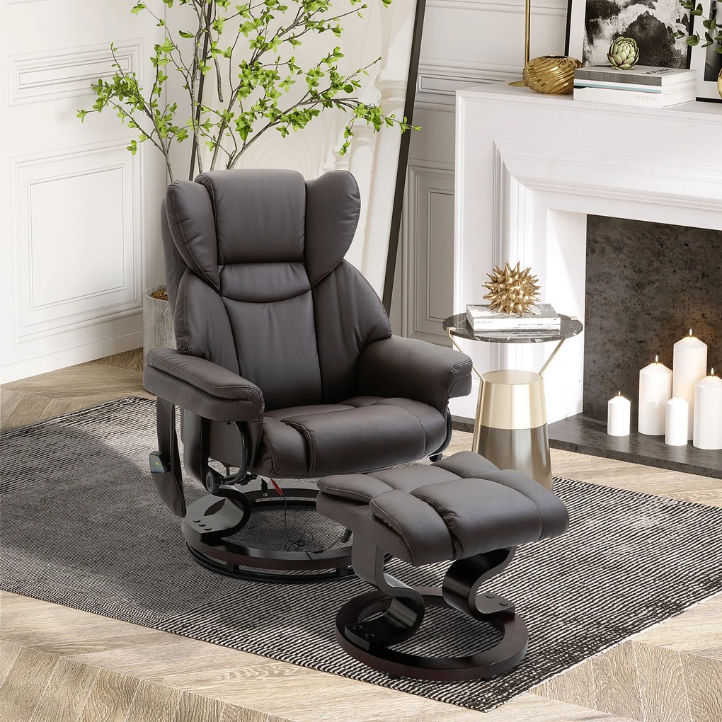 HOMCOM polohovatelné masážní křeslo s podnožkou a funkcí polohování, imitace kůže, hnědá 79x82x101 cm, pohodlné pro relaxaci a wellness