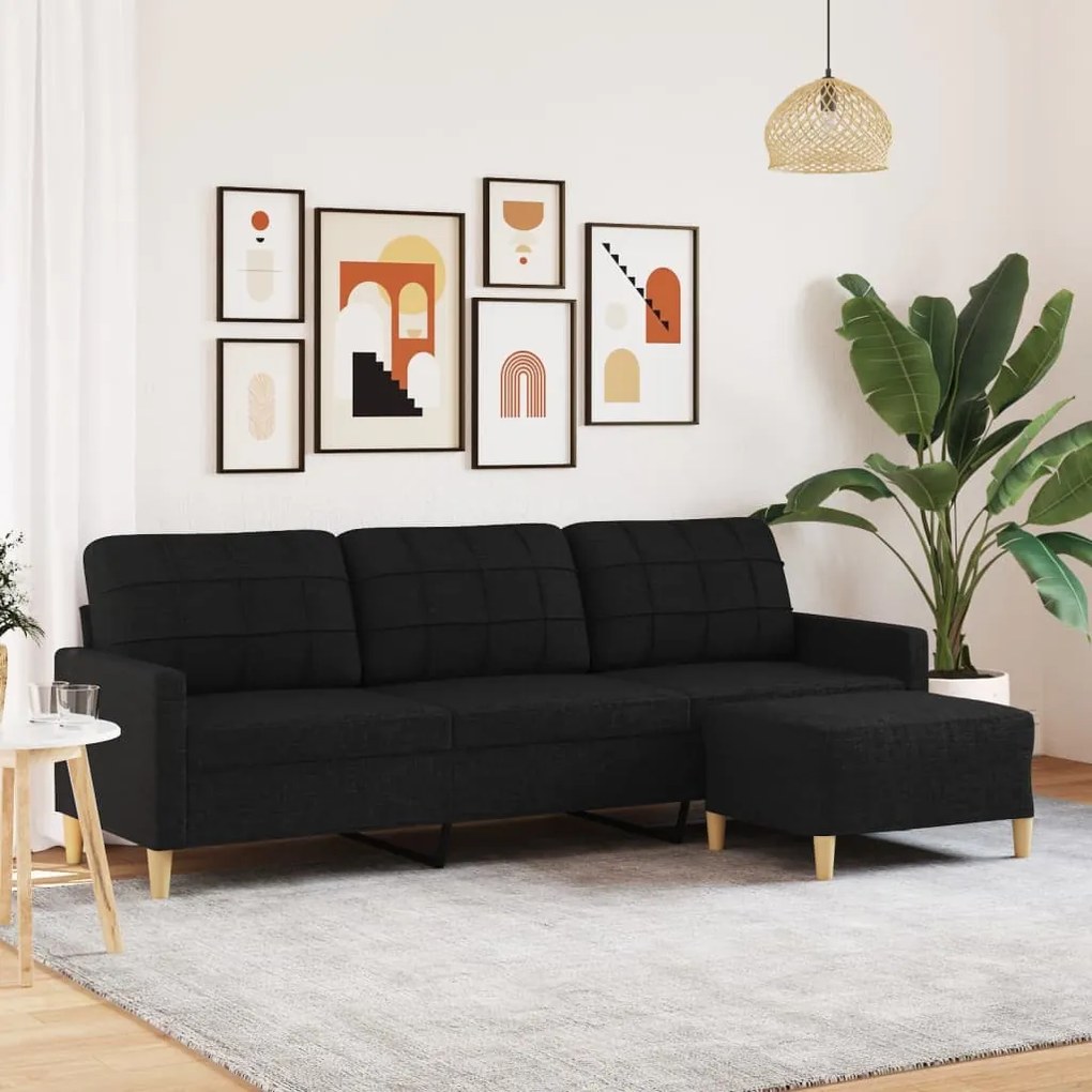 3místná pohovka s podnožkou černá 210 cm textil 3278253