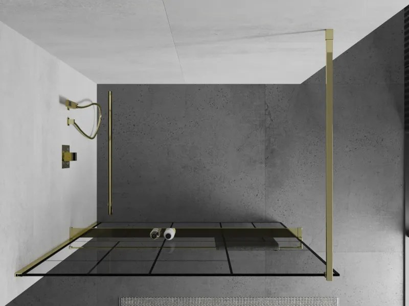 Mexen Kioto+, sprchová zástěna s poličkou a držákem na ručníky 80 x 200 cm, 8mm čiré sklo vzor černý, zlatý profil, 800-080-121-50-78
