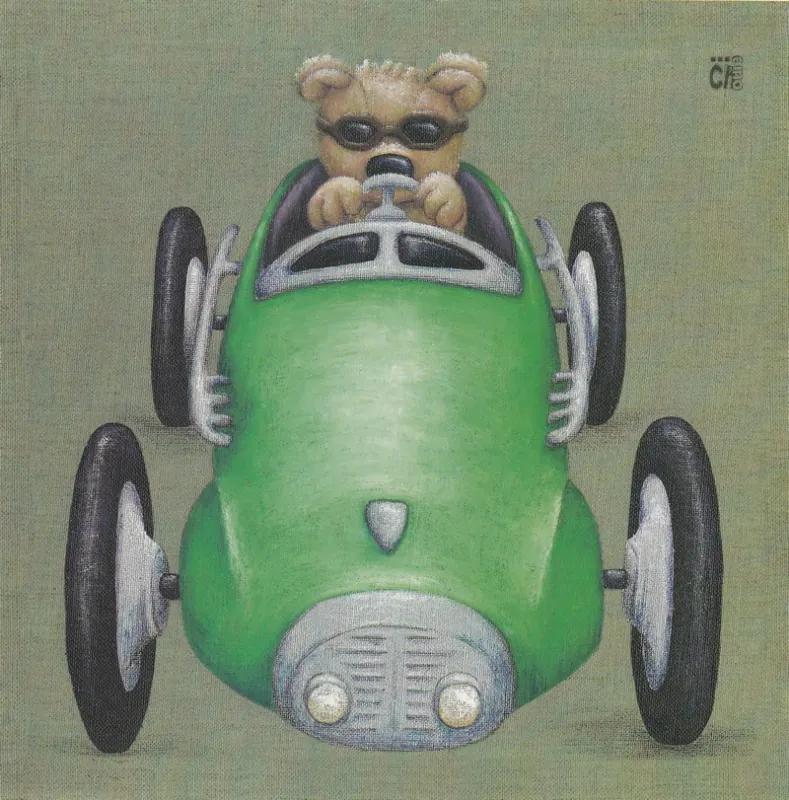 ART-STYLE Obrázek 20x20, medvěd v zeleném autíčku, rám bílý s patinou
