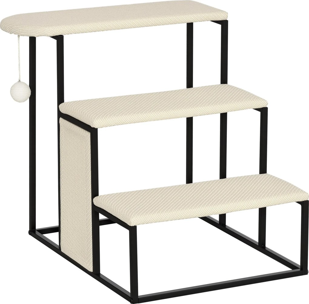 PawHut Pet Schody 3-Krokové Kočičí Schody Psí Schody se Škrabací deskou a Hračkou Doplňková Pomoc Praktické a Lehká Zvířecí Schody Ocel Sisal Krémově