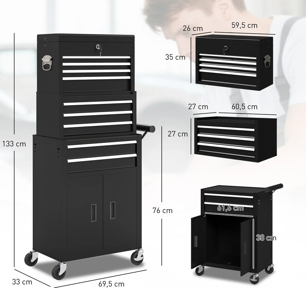 box na nářadí 3 v 1, skříňka na nářadí se 4 kolečky, uzamykatelný box na nářadí s 9 zásuvkami, ocel, černá barva