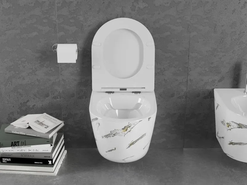 Mexen Lena, závěsná WC mísa Rimless s duroplastovým sedátkem s pomalým zavíráním, imitace mramoru-bílý kámen, 30224091