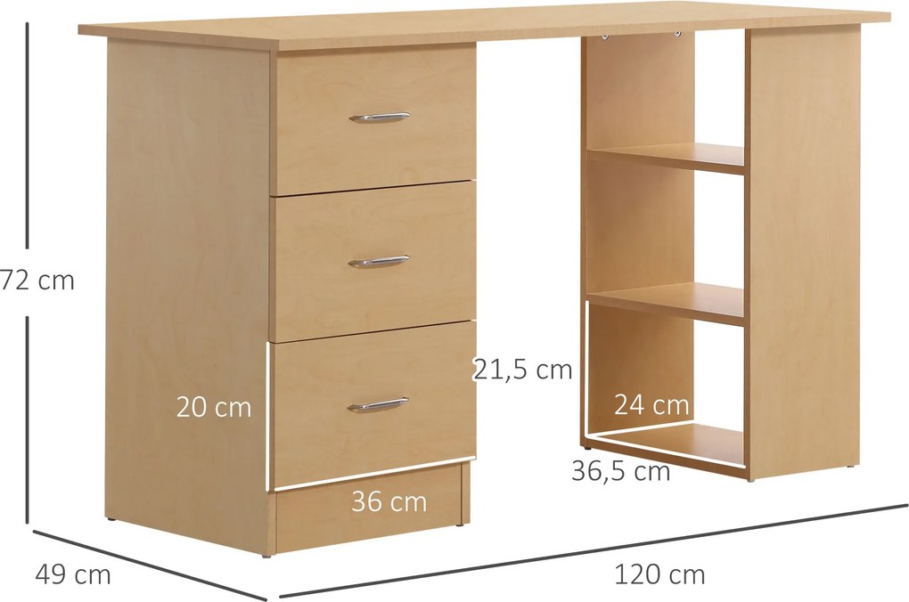 HOMCOM Stůl s úložným prostorem, Počítačový stůl 120 x 50 cm, Stůl s policemi a šuplíky, pro malé prostory, Ložnice, Světle dřevěný vzhled