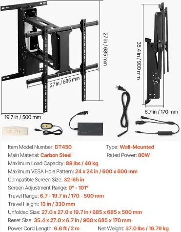 Motorizovaný nástěnný držák TV, Držák TV pro TV od 32 do 1651 mm VEVOR