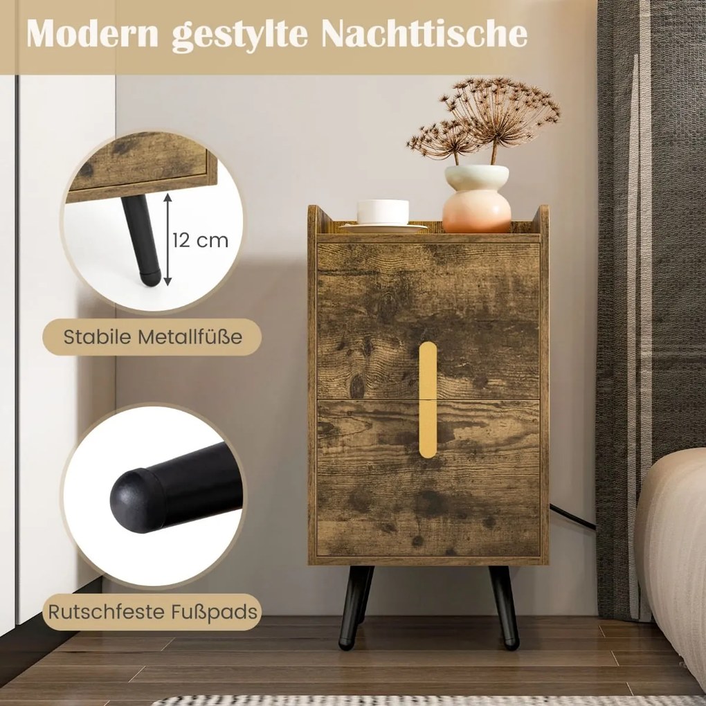 Costway Noční stolek s nabíjecí stanicí, úzký s 2 zásuvkami a USB porty