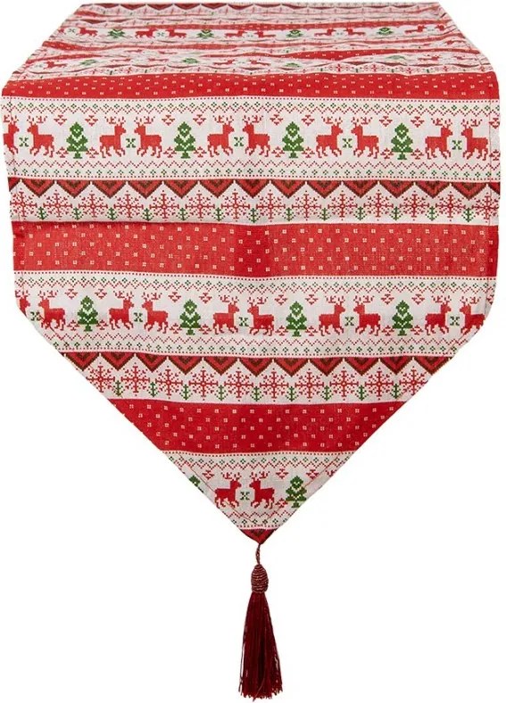 Červený běhoun se střapcem a jeleny Christmas Rustic - 33*180 cm