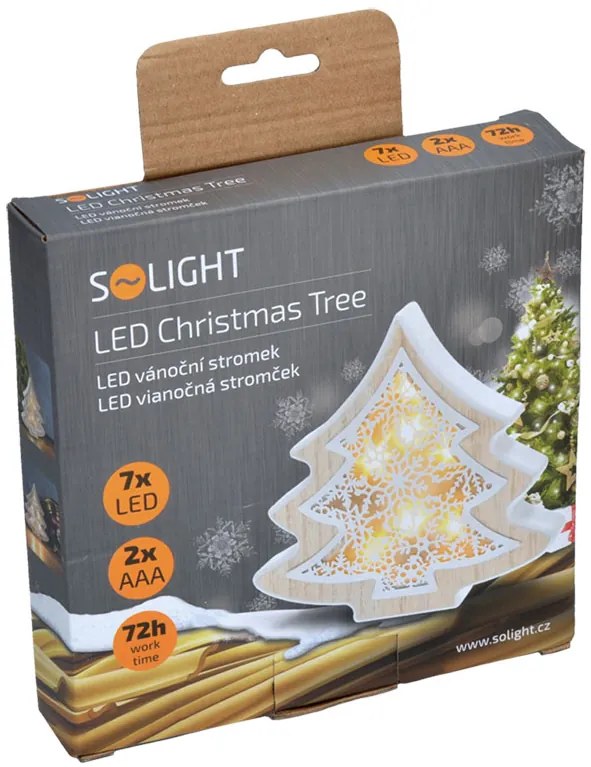 Solight LED vánoční stromek, dřevěný dekor, 6LED, teplá bílá, 2x AAA