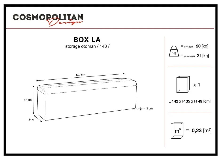 Světle šedá lavice s úložným prostorem Cosmopolitan Design Los Angeles, šířka 140 cm