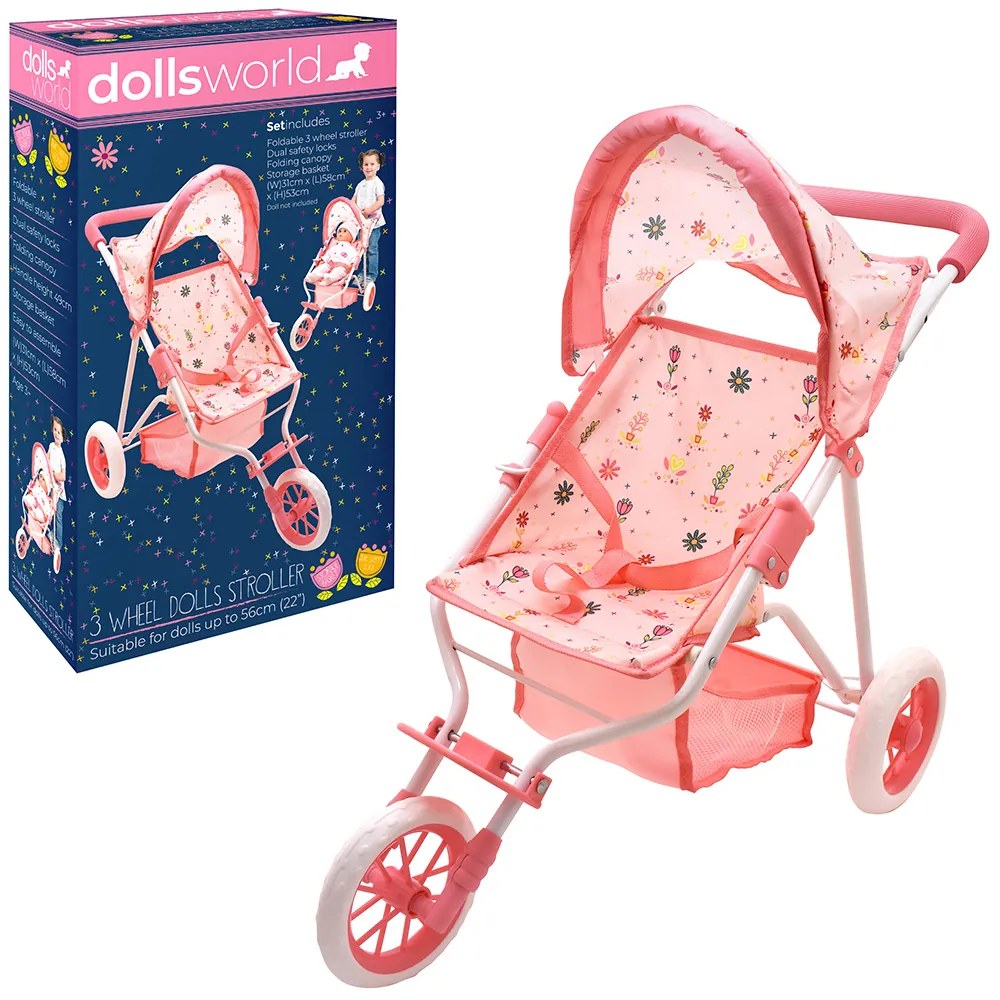 Dolls World - Luxusní tříkolový skládací kočárek pro panenky 56 cm