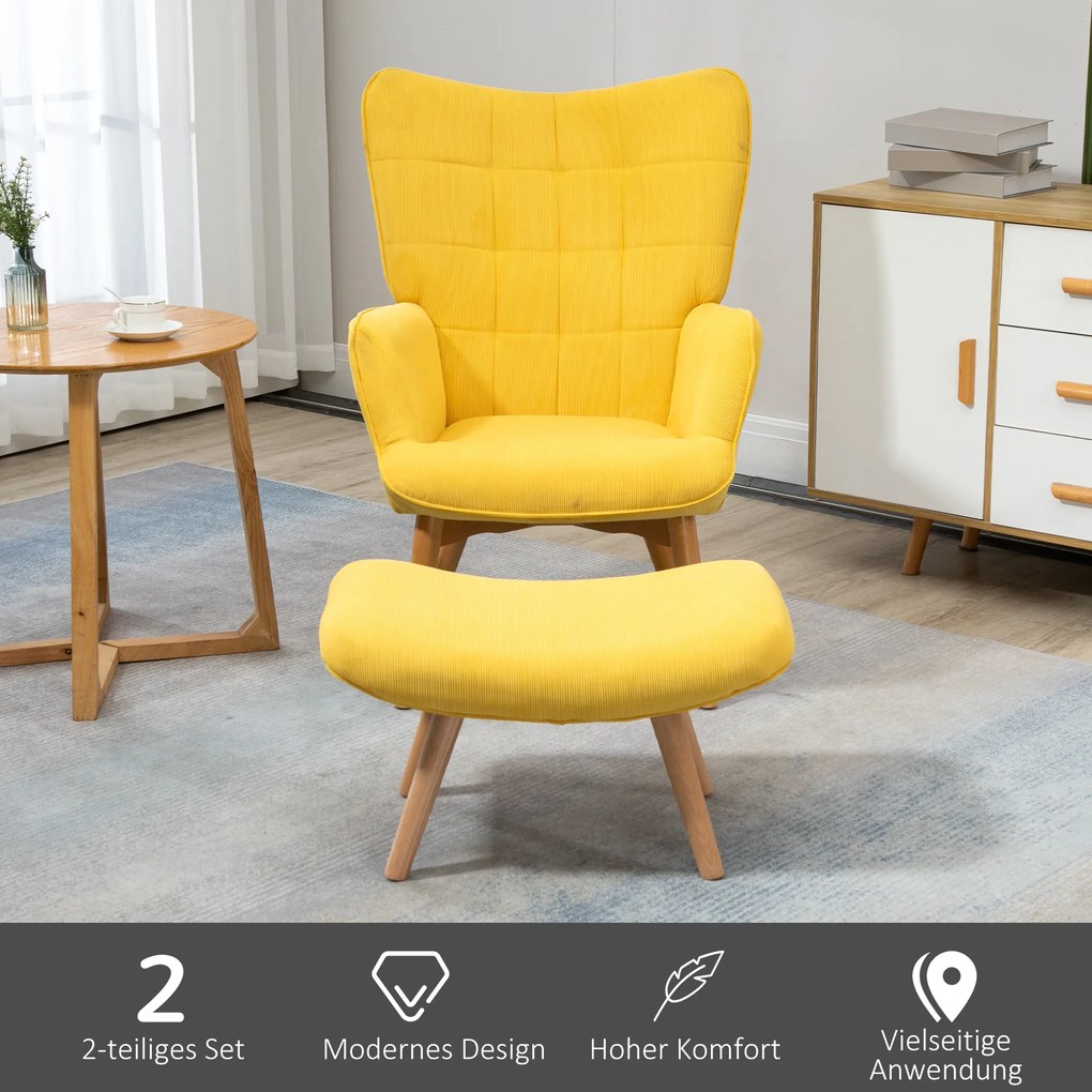 HOMCOM polohovatelné křeslo lounge wing chair s taburetem ve žluté barvě, křeslo s dřevěnými nohami, vzhled šňůry pro příjemné posezení