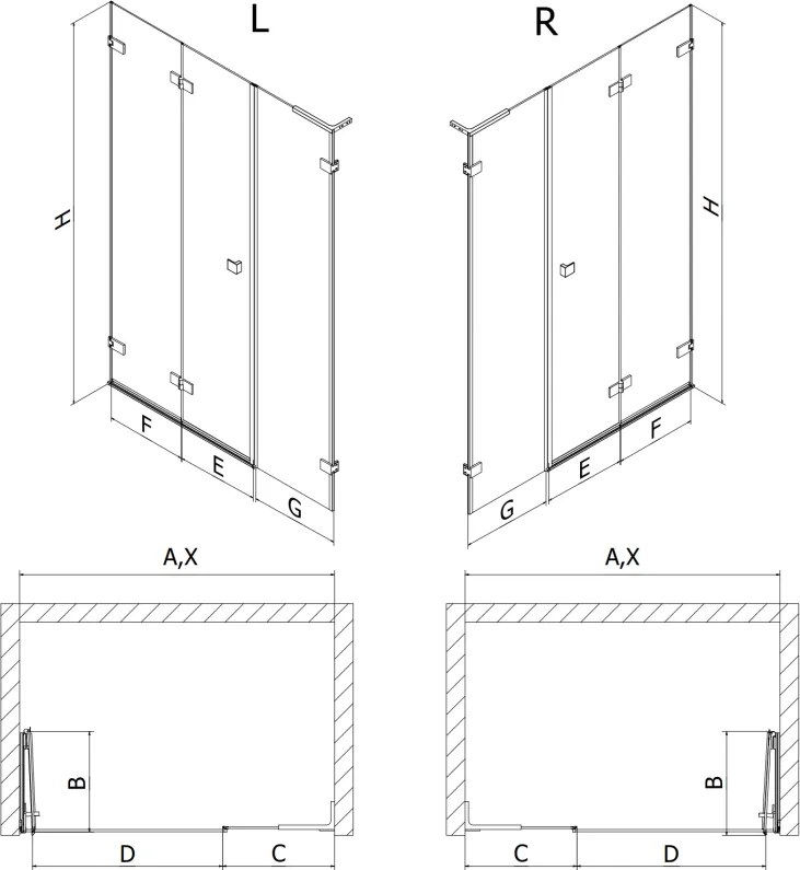 Mexen Lunar-F, L skládací levé sprchové dveře 125 cm, 8mm čiré sklo, bílý profil, 836SL-125-050-20-00-L