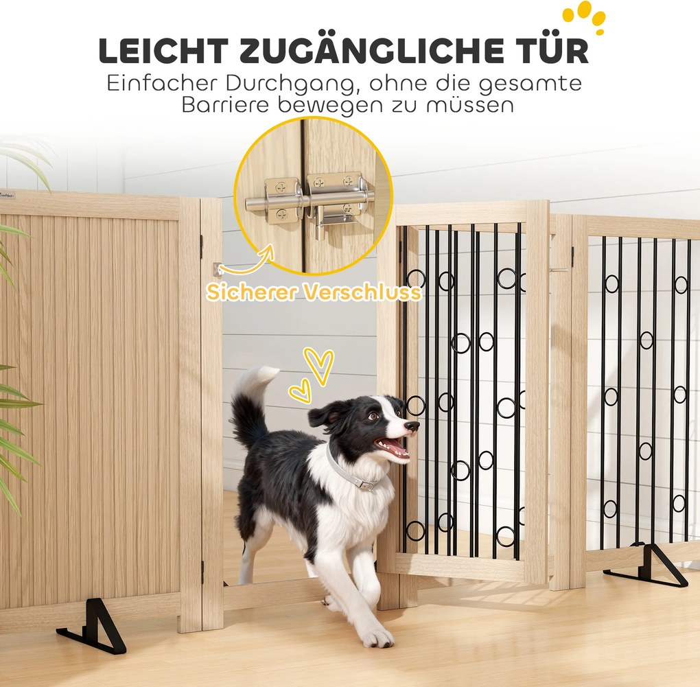PawHut Volně stojící branka pro domácí mazlíčky, branka pro psy s dvířky, 4 panely, pro chodbu, schodiště, zárubeň, MDF, ocel D06-275V01AK