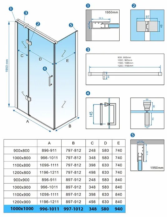 BPS-koupelny Čtvercový sprchový kout HYD-SK01D 100x100 černý/transparent - bez vaničky