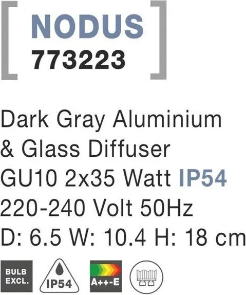 NV 773223 Venkovní nástěnné svítidlo NODUS tmavě šedý hliník skleněný difuzor GU10 2x7W 220-240V IP54 bez žárovky světlo nahoru a dolů - NOVA LUCE