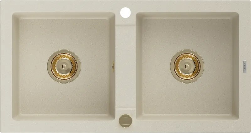 Mexen Mario, granitový dřez 820x436x161 mm, 2-komorový, béžová se zlatým sifonem, 6504822000-69-G