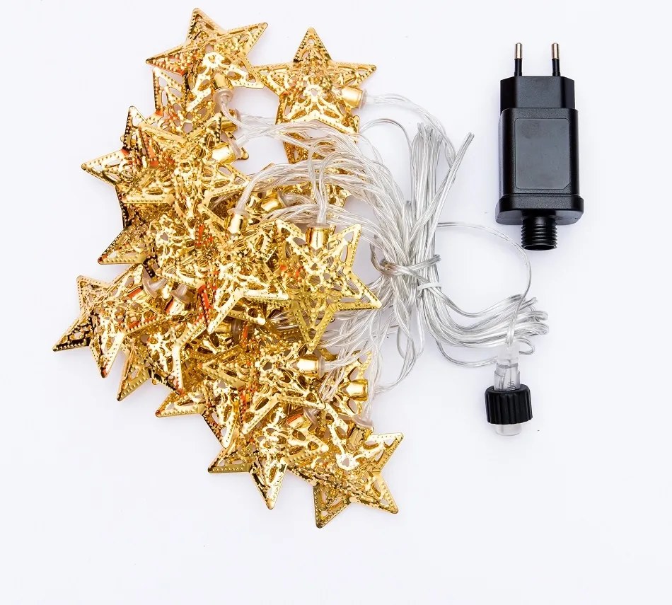 LED světelný řetěz, kovové hvězdy, 7 m, vnitřní, teple bílá, 20 diod, čirý kabel, IP20, vč. zdroje