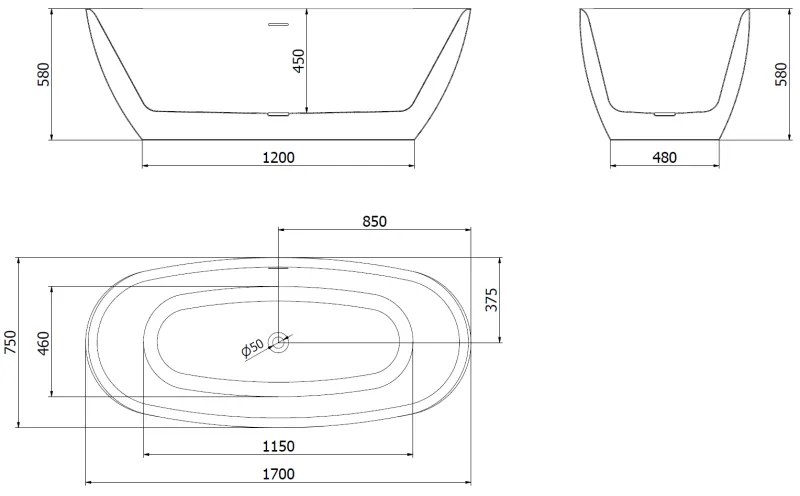 Mexen Luvo Slim, volně stojící vana 170 × 75 cm, bílá lesklá, černý přepad, 52801707500-70