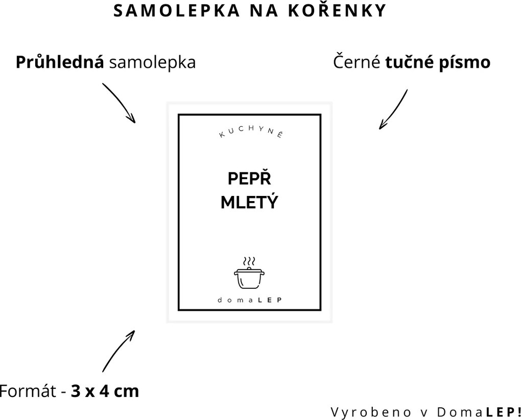 PEPŘ MLETÝ - Samolepka na kořenky 3 x 4 cm - DomaLEP varianta: BÍLÁ - tučné písmo