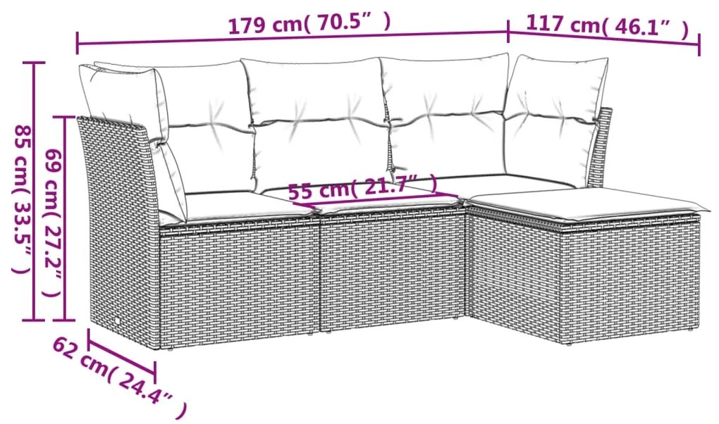4dílná zahradní sedací souprava s poduškami šedá polyratan - Default Title