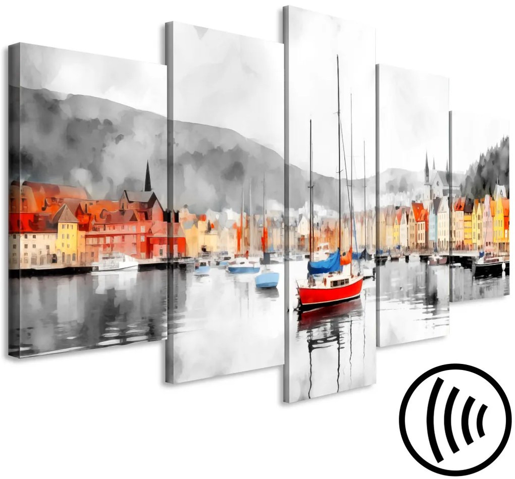 Obraz Bergen, město, Norsko, přístavní zátoka s lodí v živých barvách