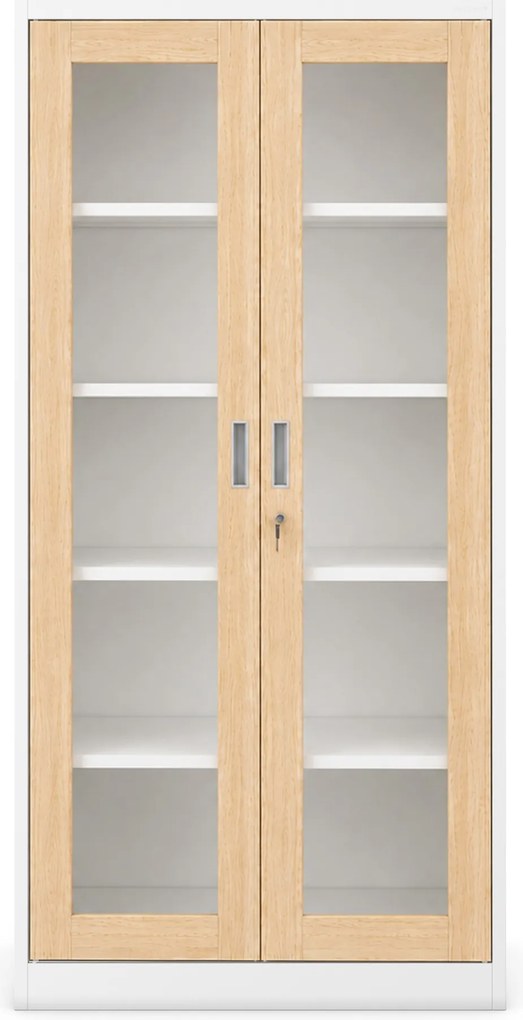 Kovová skříň s vitrínou bílá, dub sonoma, 900x1850x400 mm: AMELIA Eco Design