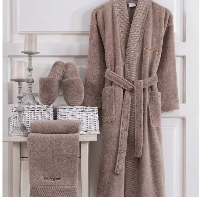 Set hnědého dámského županu velikosti L, ručníku a pantoflí Bathrobe Set Lady