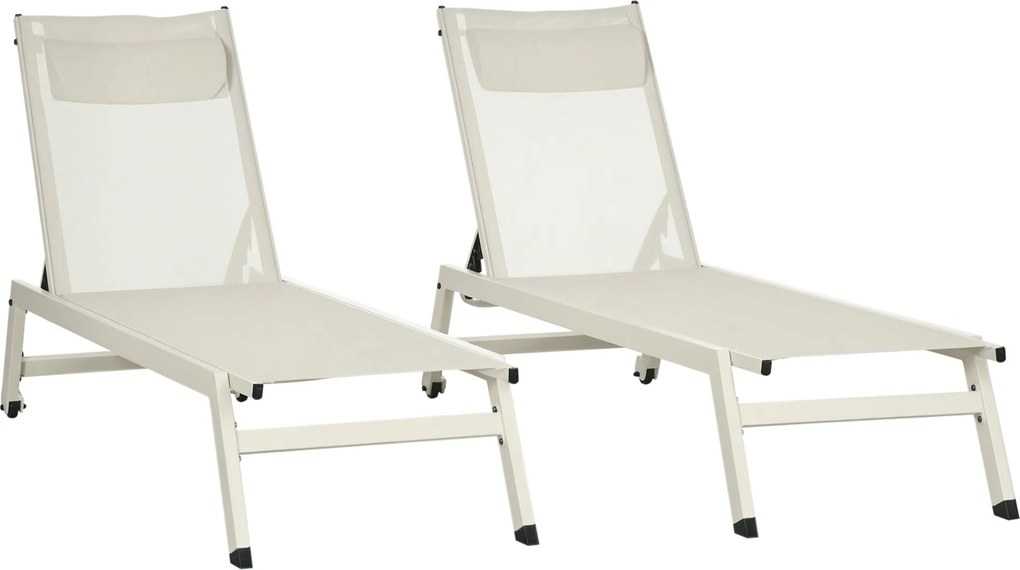 Outsunny Hliníkový a Polyesterový Sluneční Lehák Set 2 Kusy Béžový pro Zahradu s 5 Úrovněmi Polohování, 55x195x30 cm | Aosom