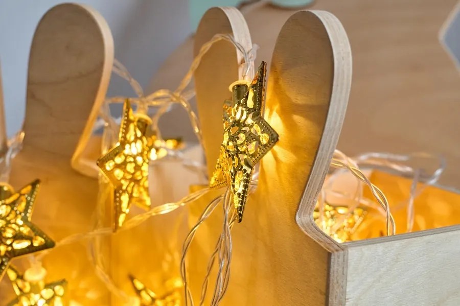 LED světelný řetěz, kovové hvězdy, 7 m, vnitřní, teple bílá, 20 diod, čirý kabel, IP20, vč. zdroje