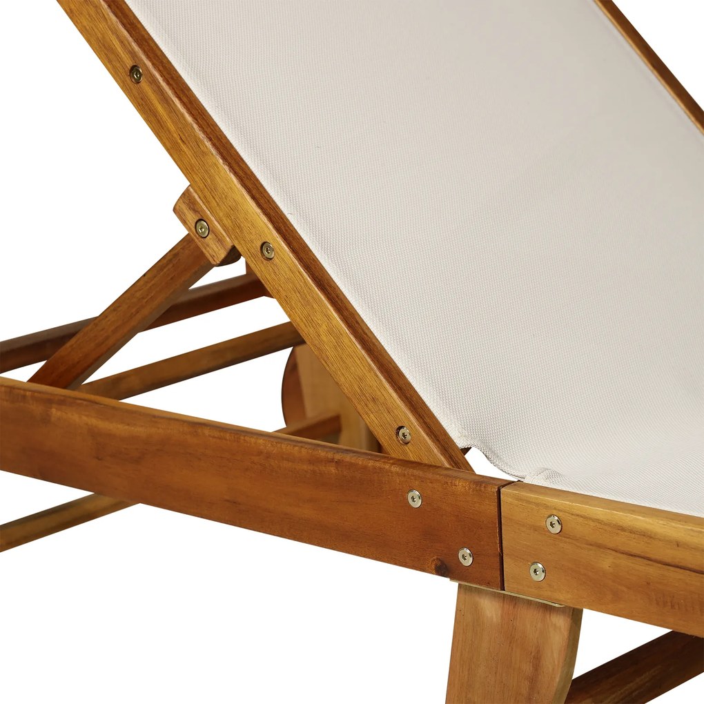 Outsunny Lehátko Relaxační lehátko Zahradní nábytek nastavitelný Akáciové dřevo Textil Přírodní+bílá 198 x 55 x 30-88,5 cm