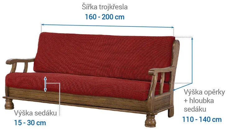 Super strečové potahy NIAGARA cihlová trojkřeslo s dřevěnými rukojeťmi (š. 160 - 200 cm)