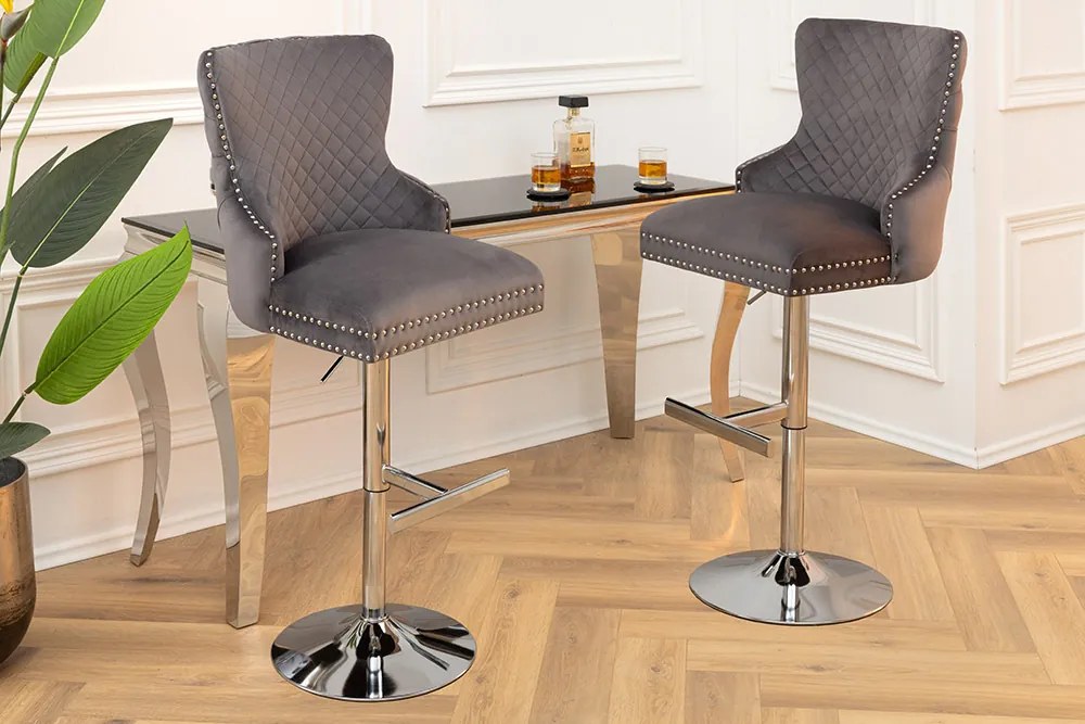 Designová barová židle Queen Lví hlava šedý samet