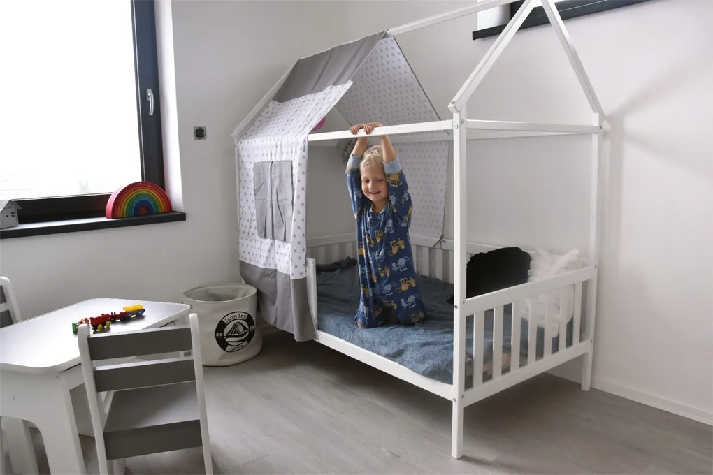 Vingo Dětská domečková postel bílá včetně matrace a roštu, 80 x 160 cm Barva: postel
