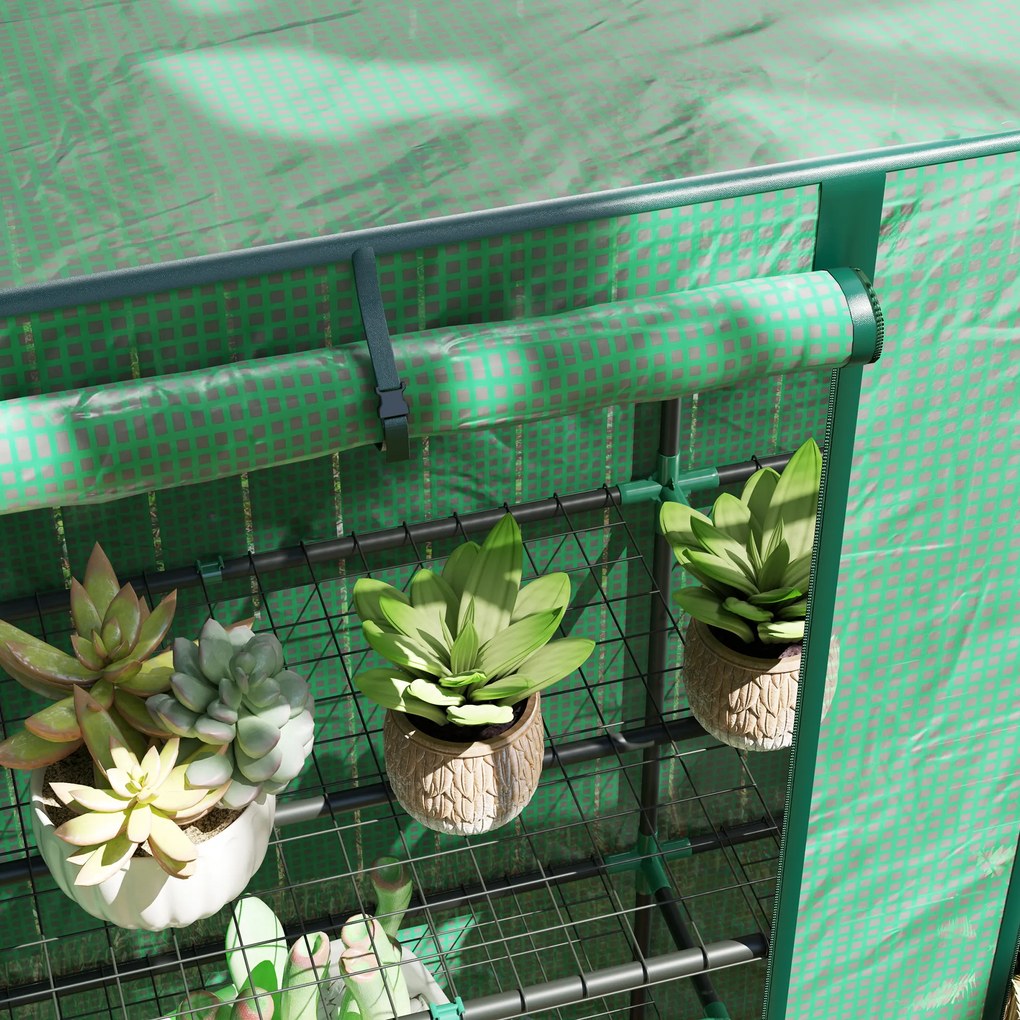 Outsunny Mini skleník s 3patrovou policí, plastové krytí, odolný proti UV, přenosný, rolovací dveře, 144 x 48 x 152 cm, zelená