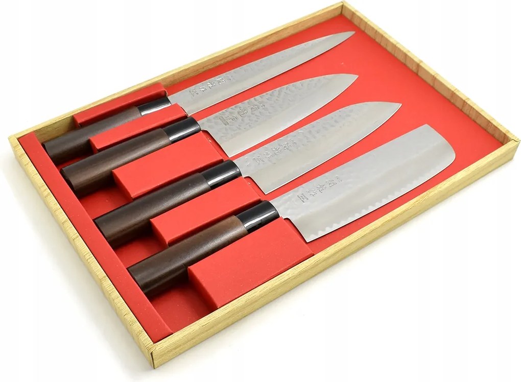 Sada 4 japonských nožů Sekiryu Brown: Yanagiba, Santoku, Nakiri, Deba