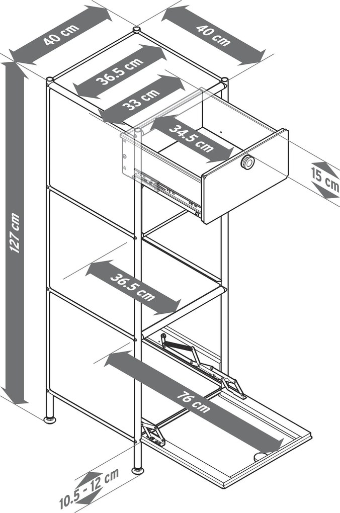 Tchibo - Úzká kovová komoda »Cn3« se 2 zásuvkami a 1 výklopnými dvířky - barva: černá