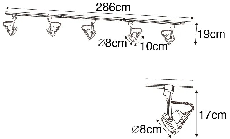 Průmyslový kolejnicový systém černý s 5 reflektory 1-fázový - Suplux