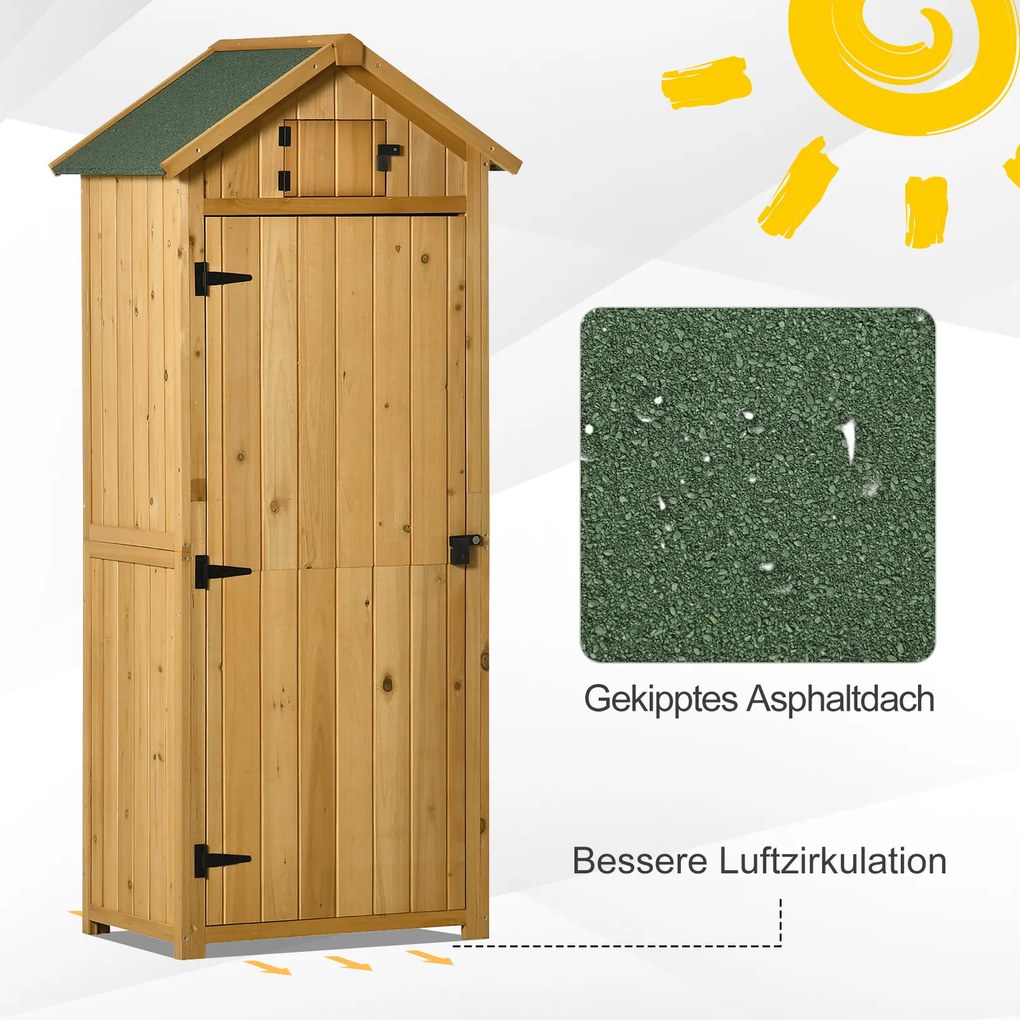 Outsunny zahradní skříňka zahradní kůlna na nářadí s policemi asfaltová střecha okno dřevo žlutá+zelená 77 x 54,2 x 179 cm